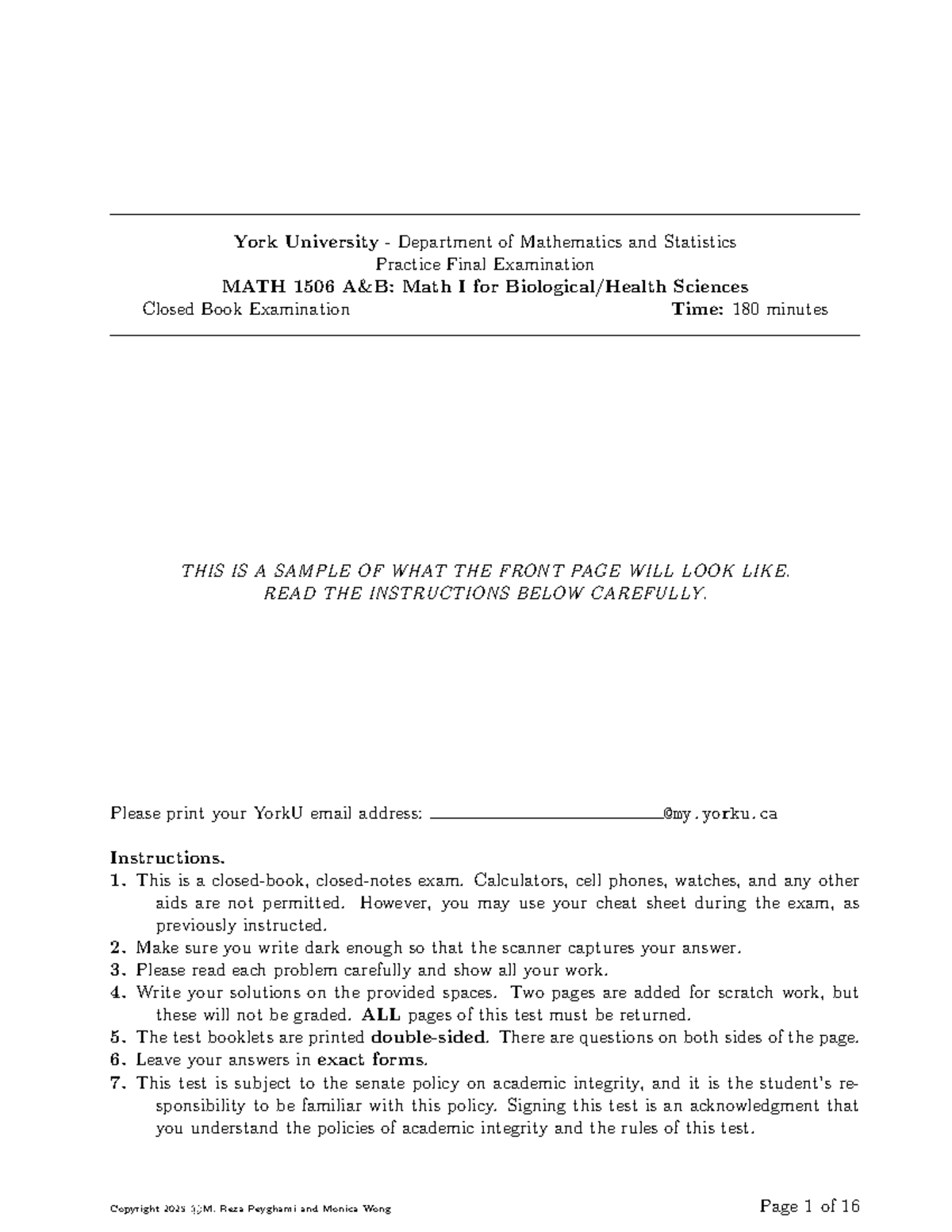 MATH 1506 Practice Final Exam Sample - Math I for Sciences - Studocu