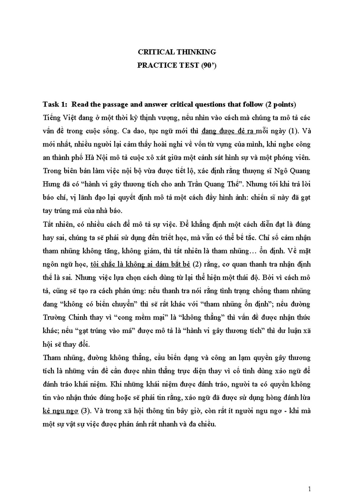CRITICAL THINKING PRACTICE TEST - Task 1 to 3 Analysis and Questions ...