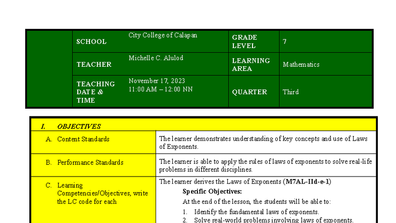 Lesson Plan: Laws of Exponents for Math 7 (3rd Quarter) - Studocu