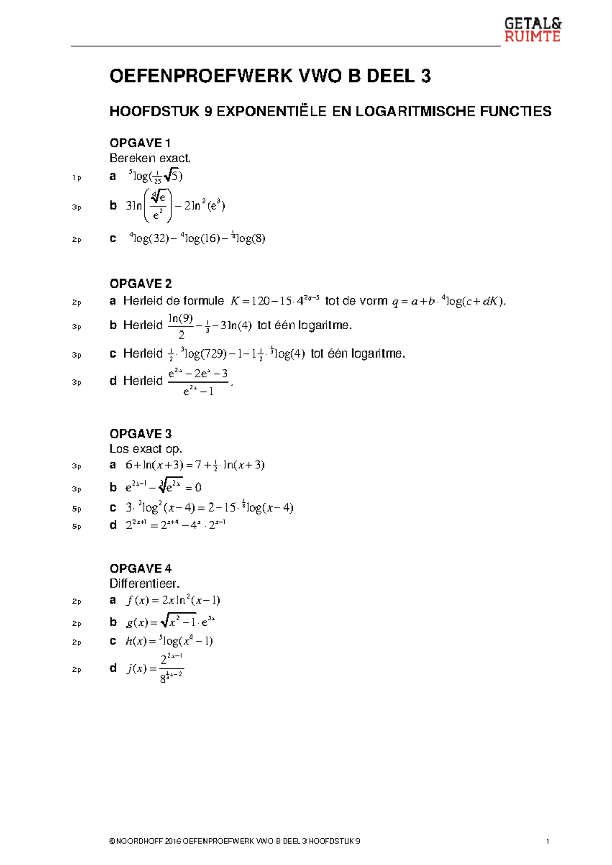 Oefentoets V 5Wi Hoofdstuk 9 Logarithmische en Exponentiële Functies ...