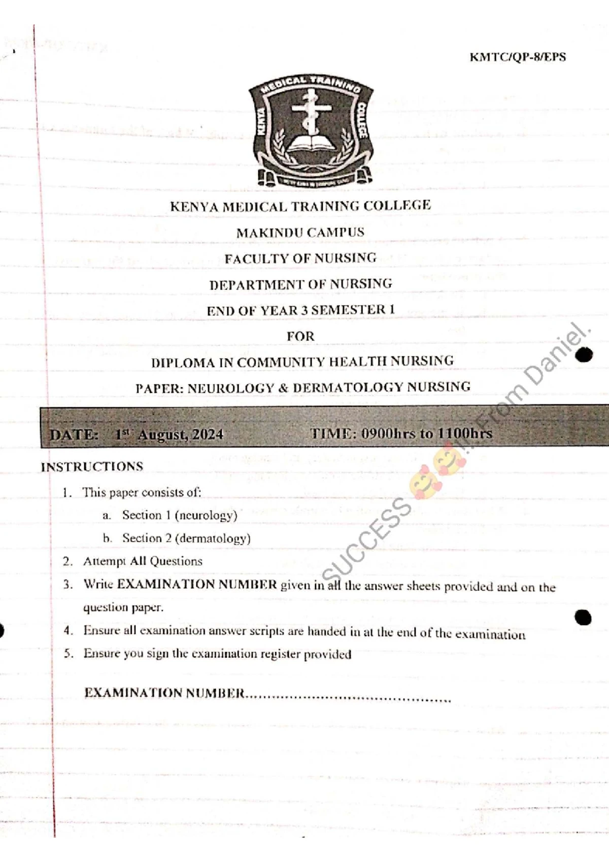 KENYA MEDICAL TRAINING COLLEGE YEAR 2, END OF SEM 1 EXAM: RENAL NURSING ...