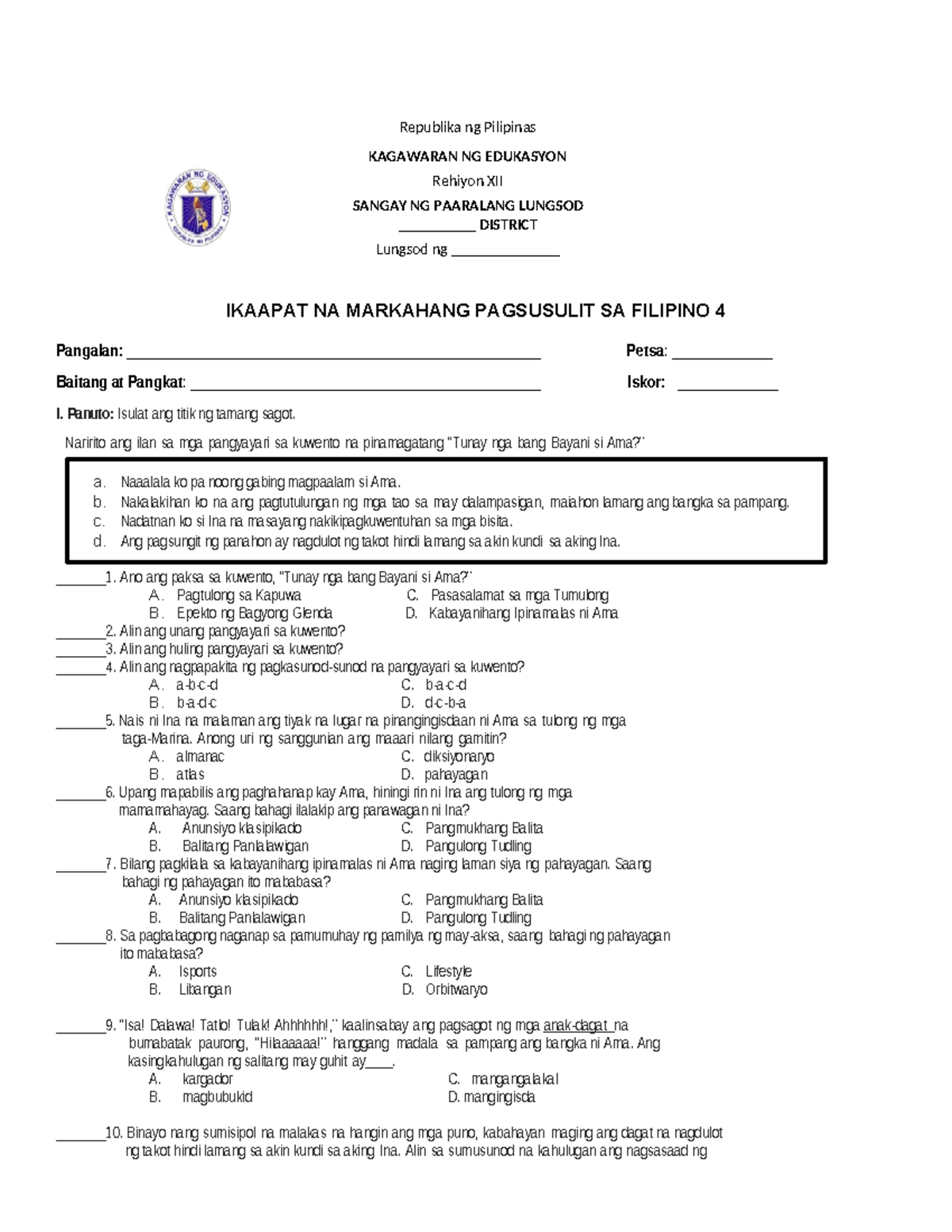 PT Filipino 4 - Q4 V2 - test questions - Republika ng Pilipinas ...