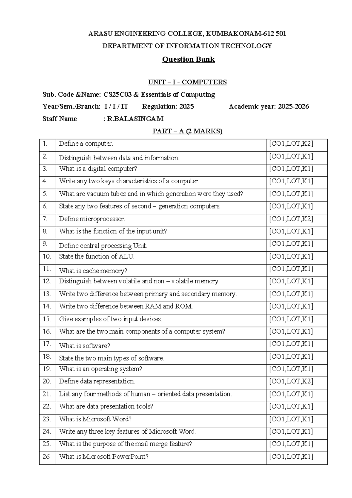 EOC QB ALL Units - CS25C03 Essentials of Computing Question Bank - Studocu