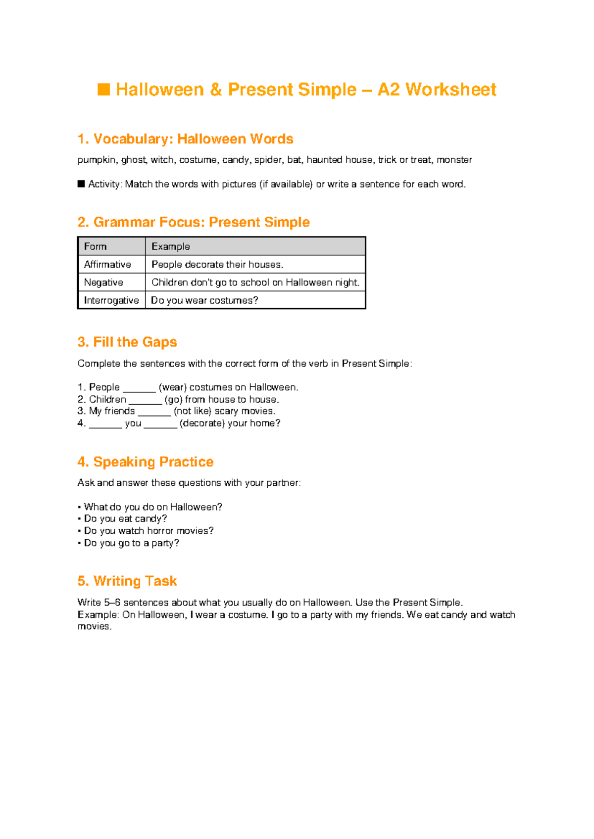 Halloween Present Simple A2 Worksheet: Vocabulary & Activities - Studocu