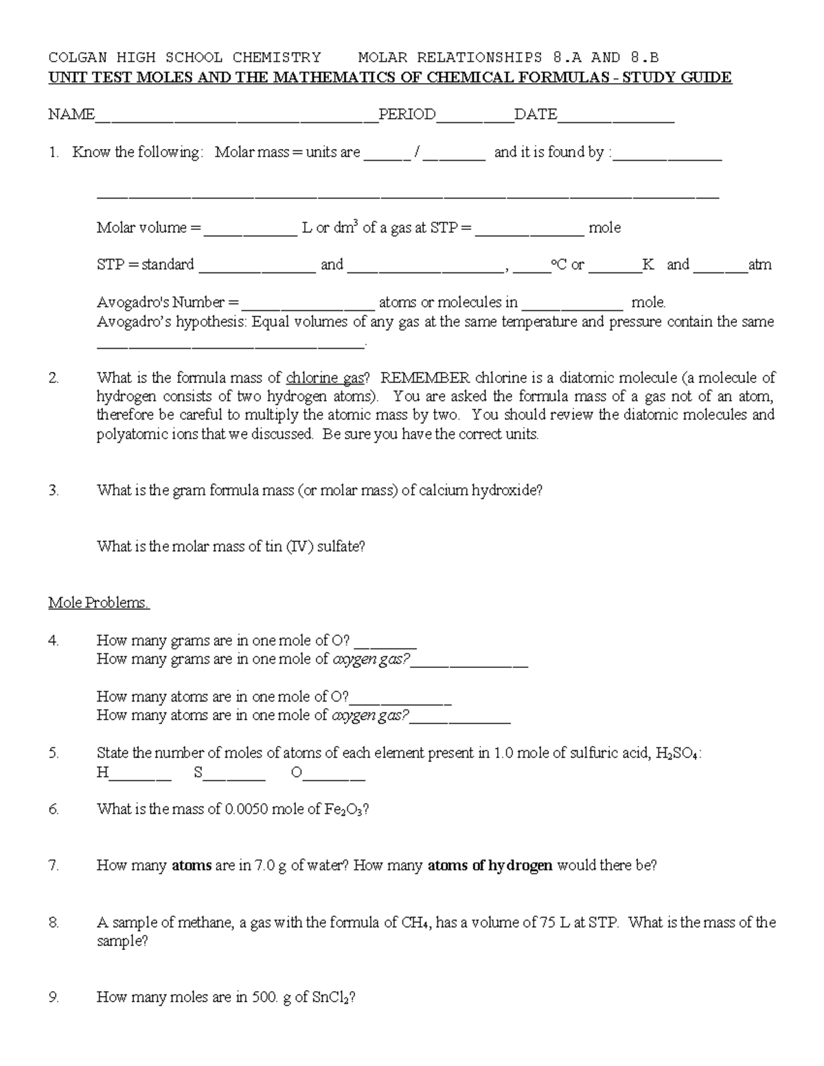 MOLE 8 & 8 Unit Test Study Guide - Chemistry Concepts Explained - Studocu