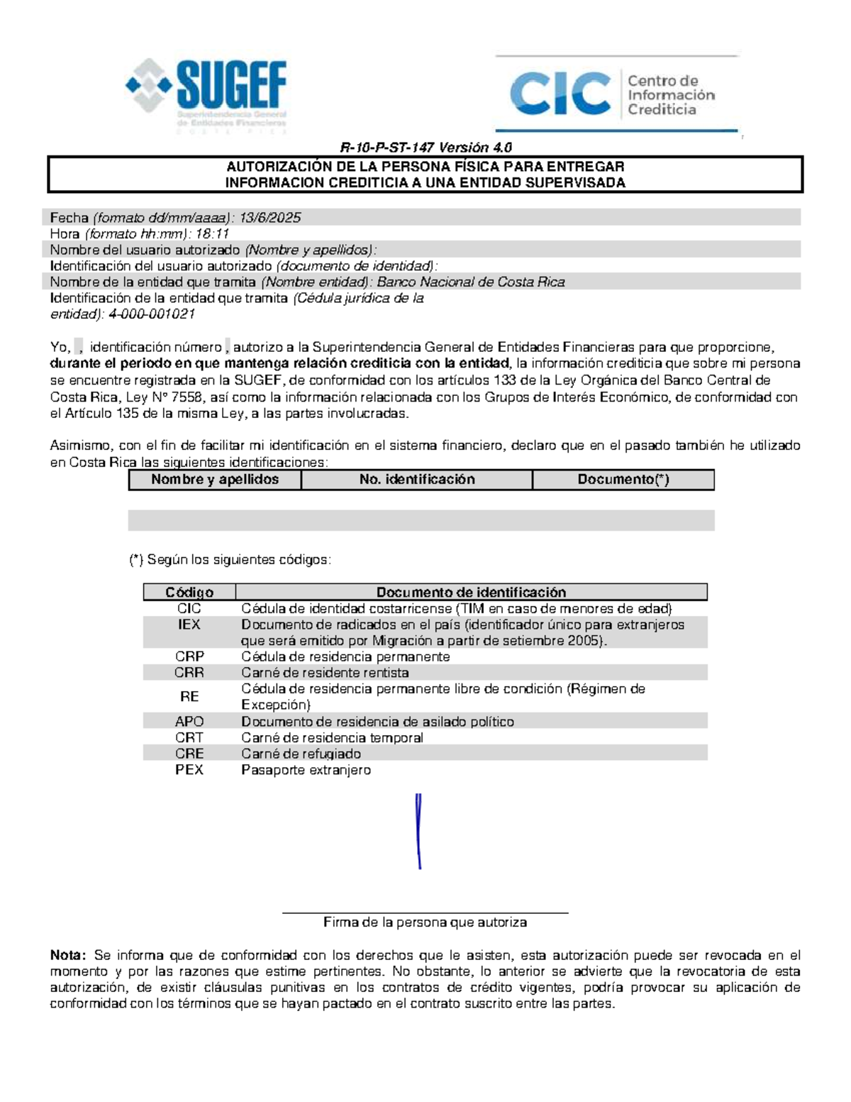 Formato de Autorización CIC para Entregar Información Crediticia - Studocu