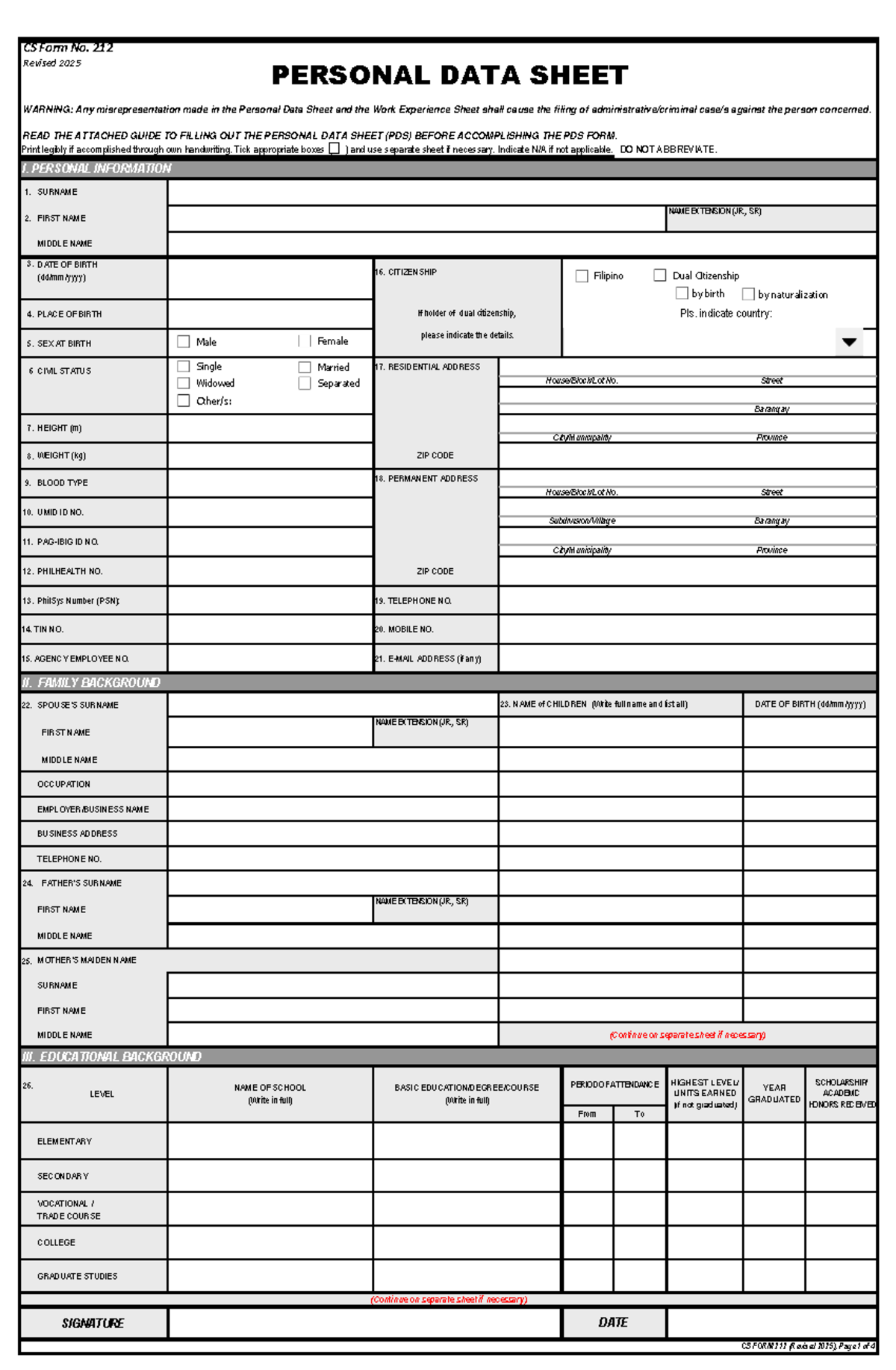 CS Form No. 212 (Revised 2025) - Personal Data Sheet (PDS) Guide - Studocu