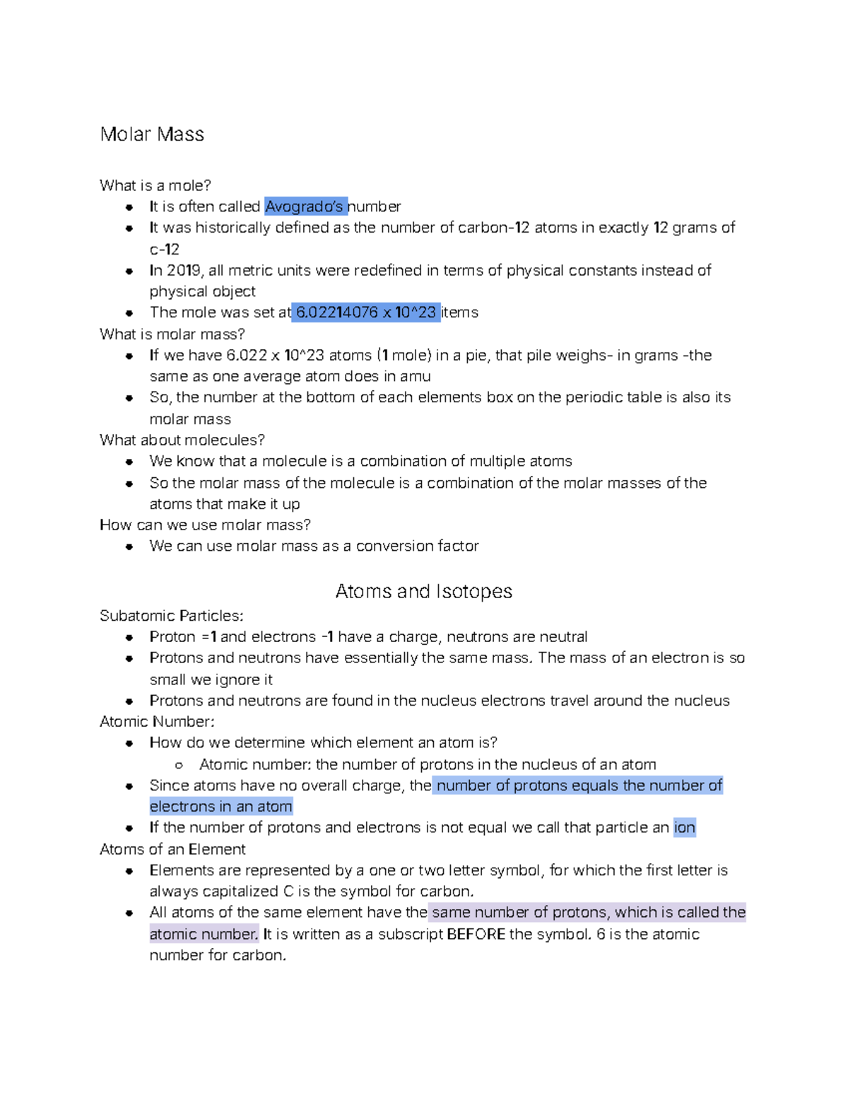 AP Chem Notes U1: Understanding Molar Mass, Atoms, and Isotopes - Studocu