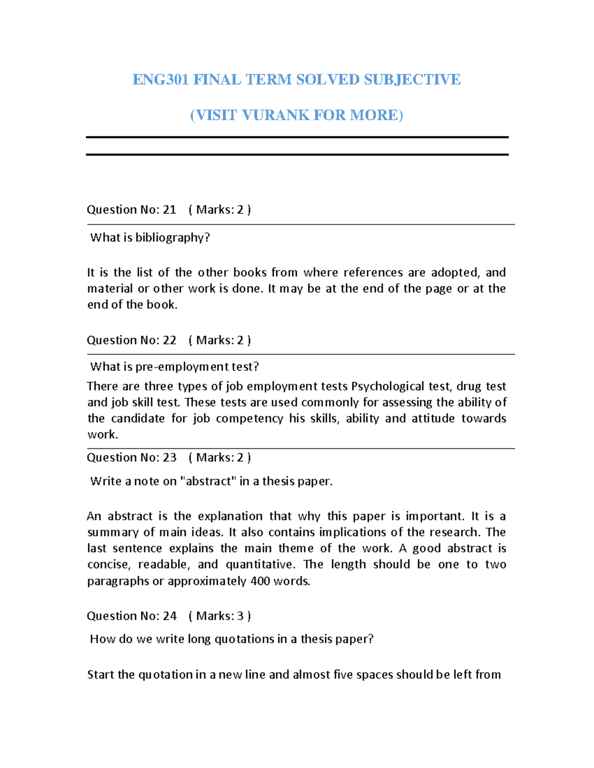 ENG301 Final Term Solved Subjective Questions & Answers - Studocu