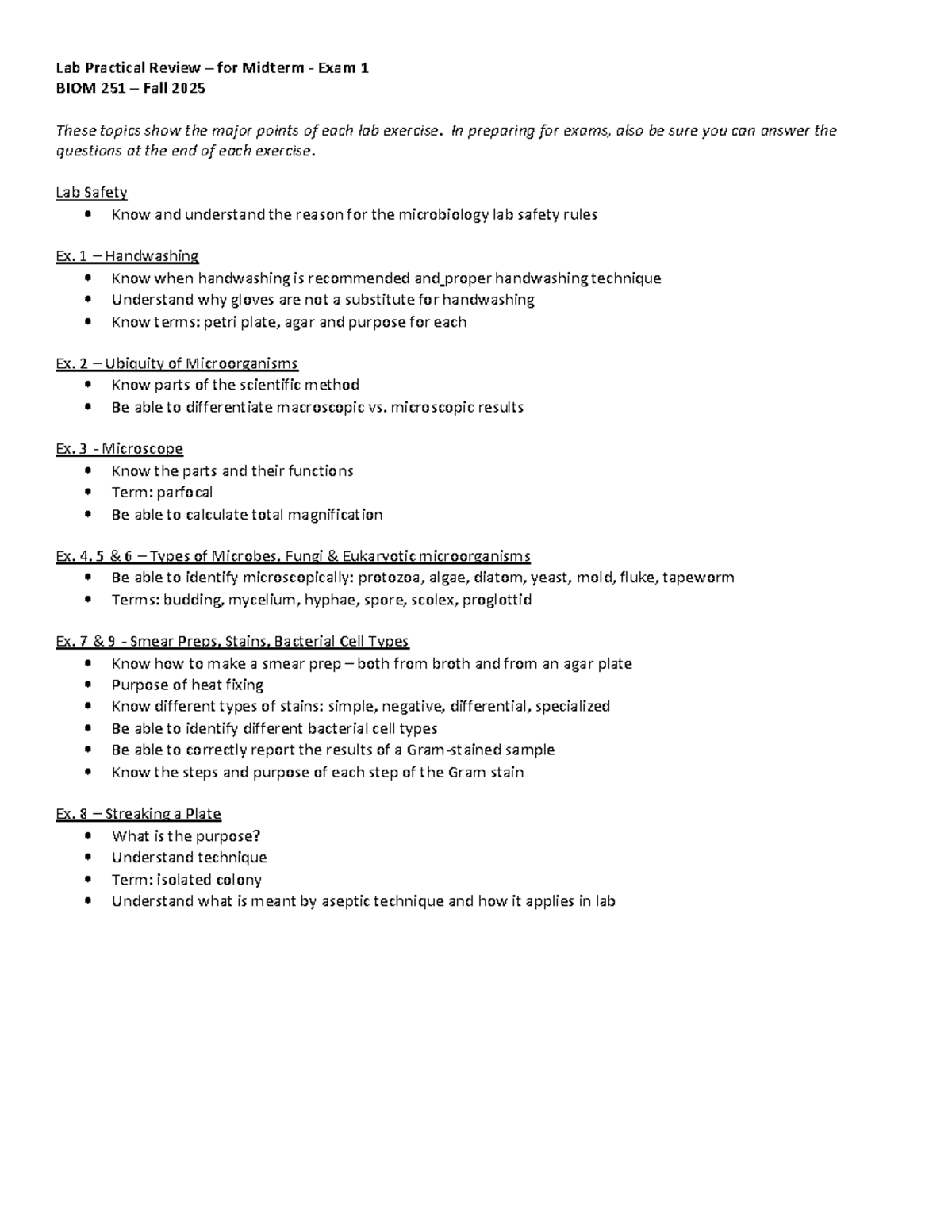 Lab Practical Review for Midterm Exam 1 - BIOM 251 Fall 2025 - Studocu