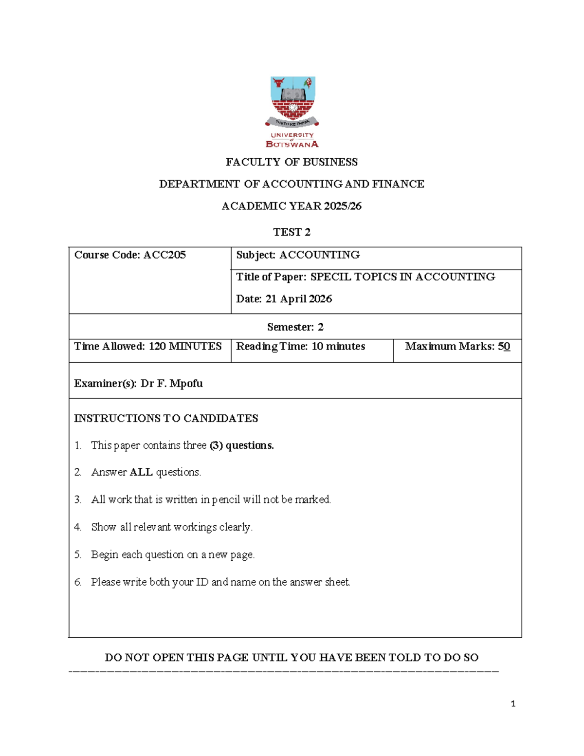 2026 ACC205 Test 2: Special Topics in Accounting Exam - Studocu