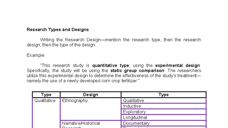 Research Types and Designs: Writing the Research Design - Studocu
