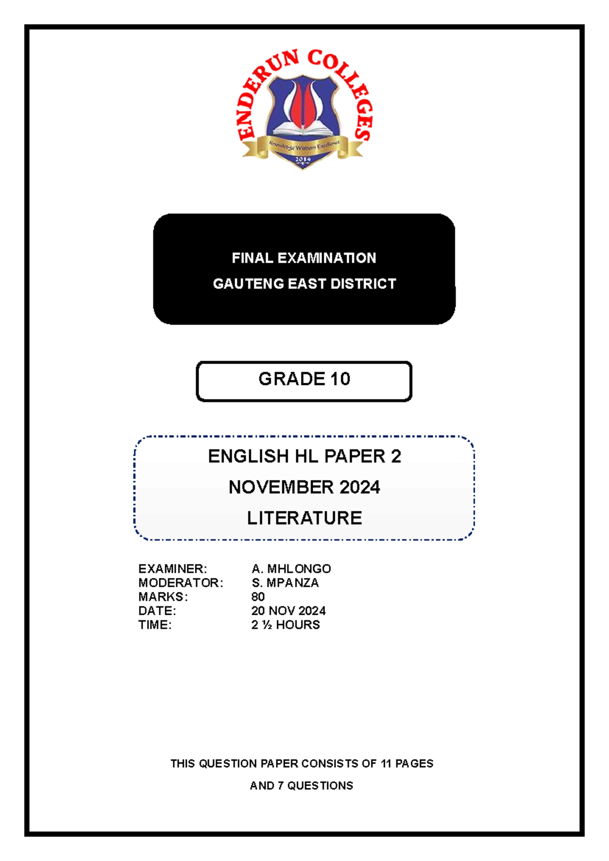 Grade 10 EHL P2 Final Exam Paper - Literature Questions & Instructions ...