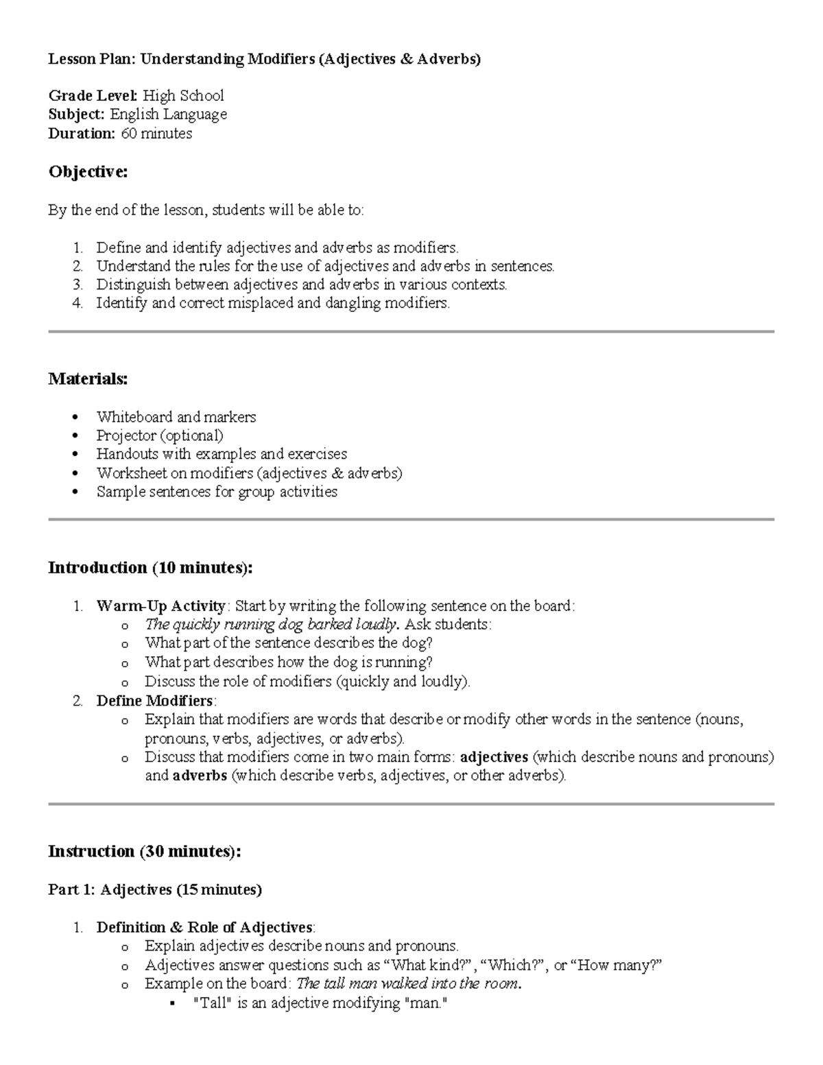 Lesson Plan: Understanding Modifiers (Adjectives & Adverbs) Eng 8 Q4 ...