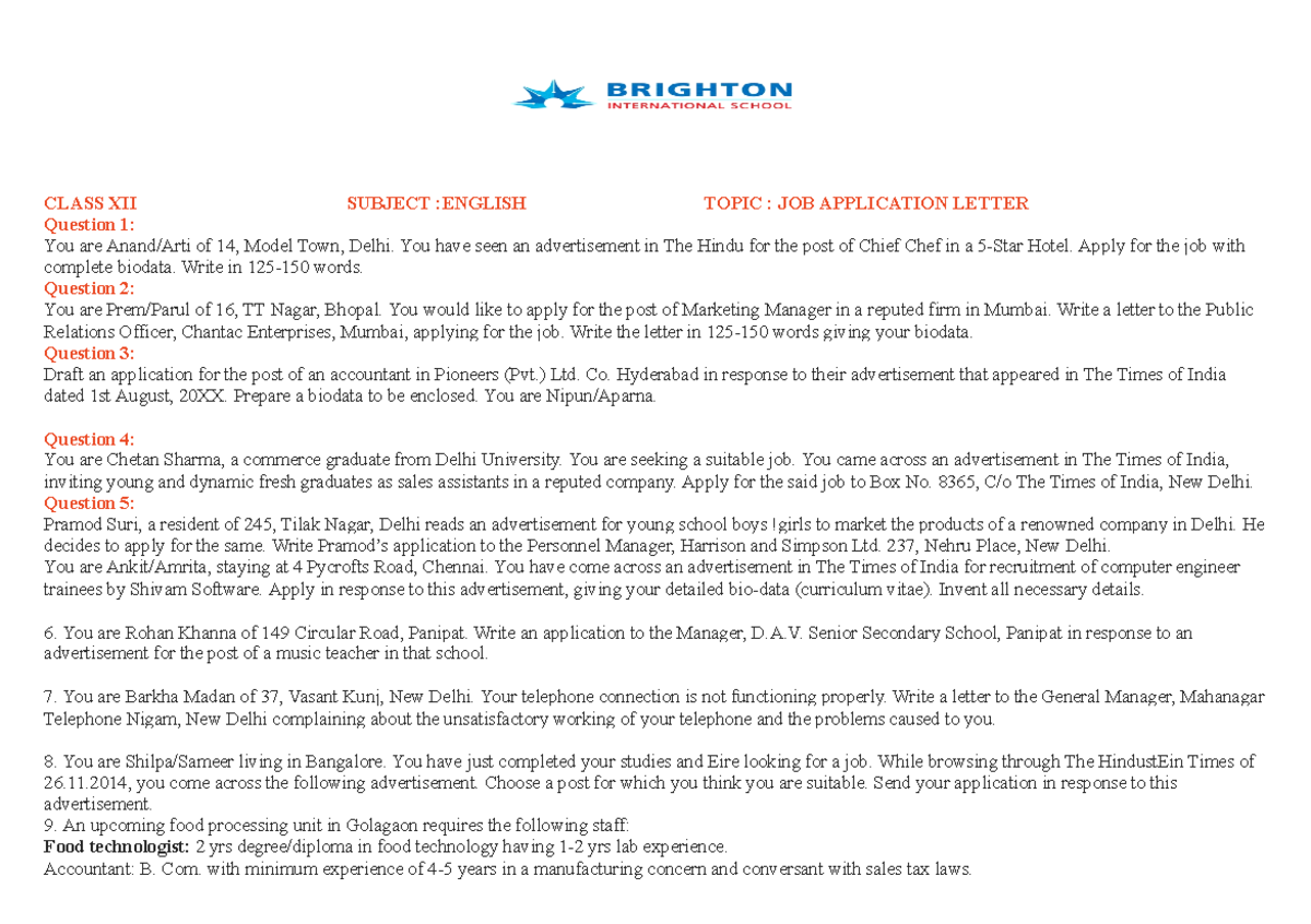 Letter TO Editor AND JOB Application - CLASS XII SUBJECT :ENGLISH TOPIC ...