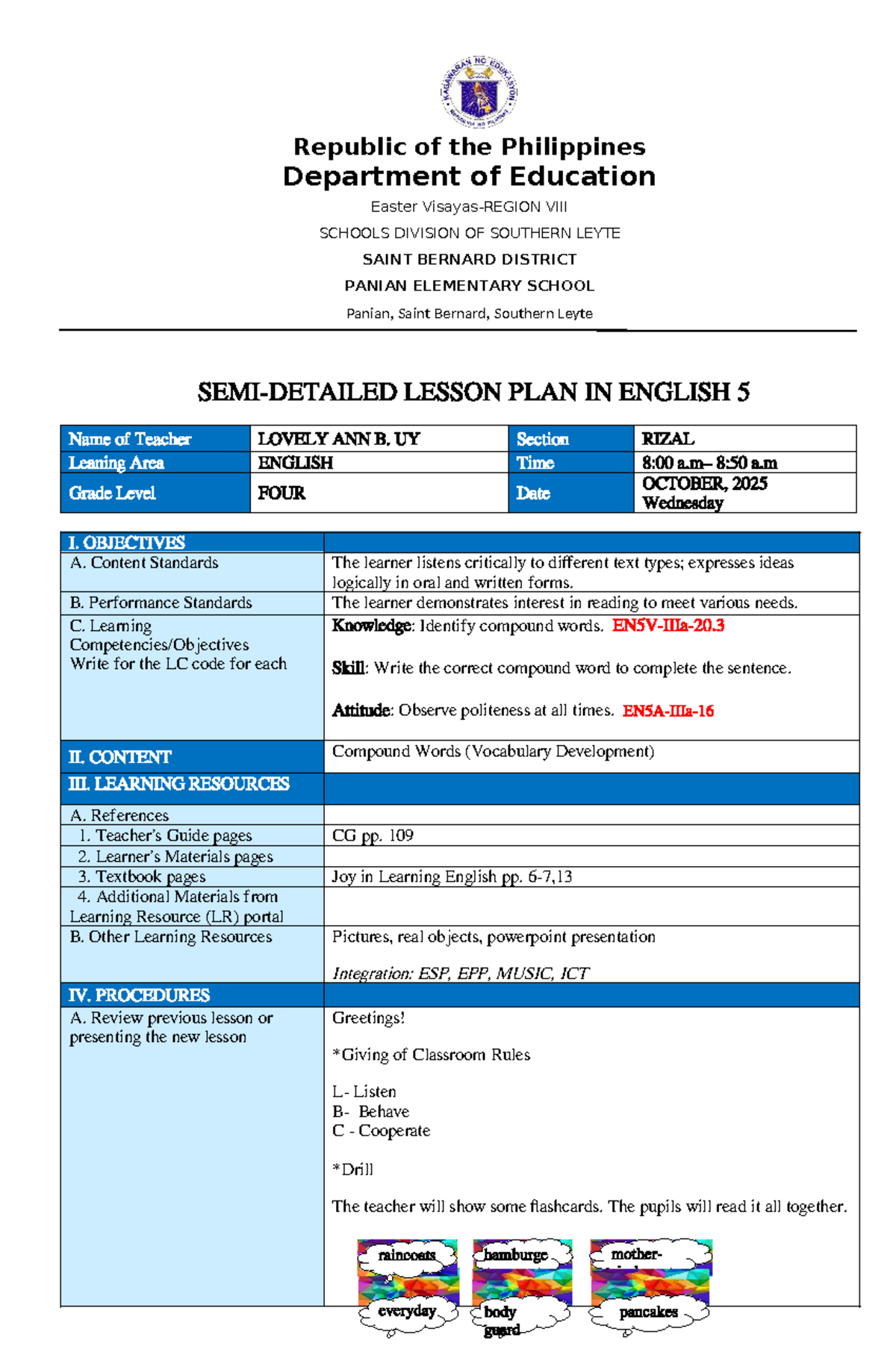 CO3- English 5 Lesson Plan: Understanding Compound Words - Studocu