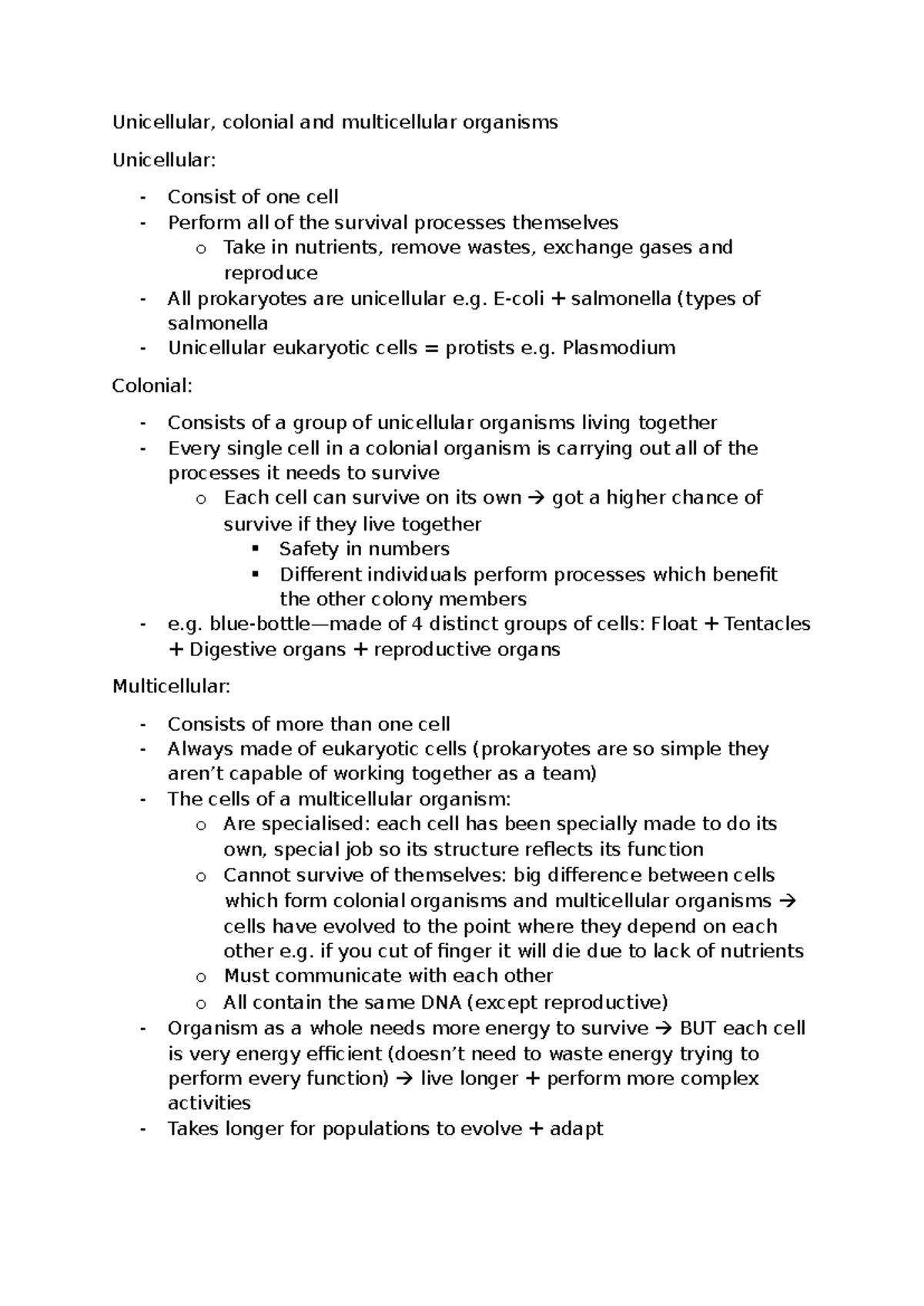 CELL Organisation - Notes: Unicellular, Colonial, and Multicellular ...