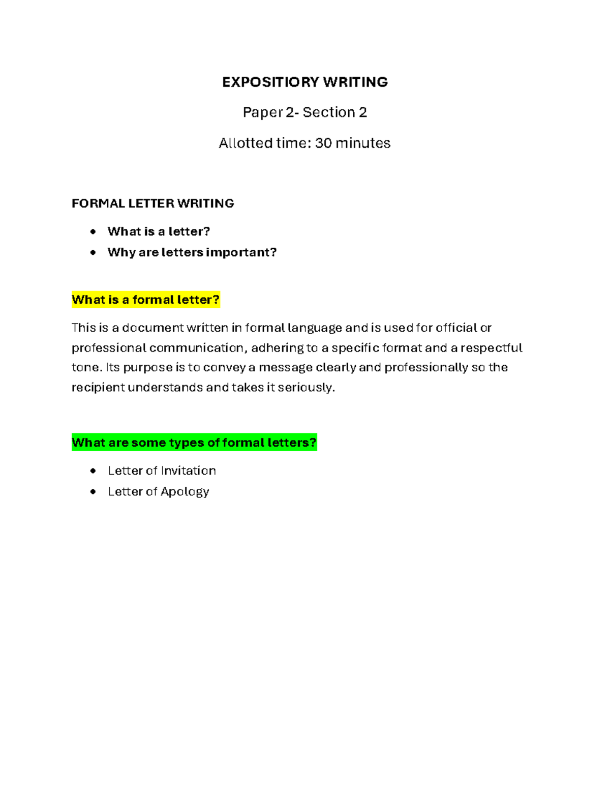 Formal Letter Writing Guide - Expository Writing Paper Section 2 - Studocu