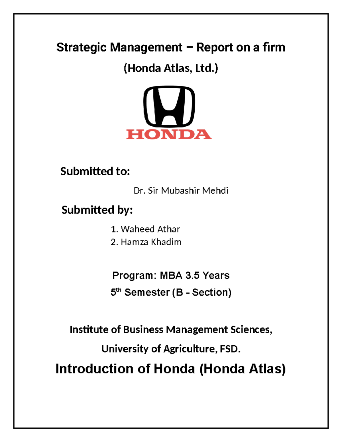 Strategic Management Report: Honda Analysis - MBA 5th Sem (B) - Studocu