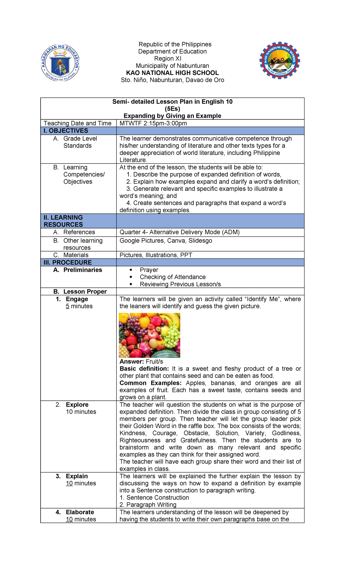 English 10 LP Mod3: Lesson Plan on Expanding Definitions by Examples ...