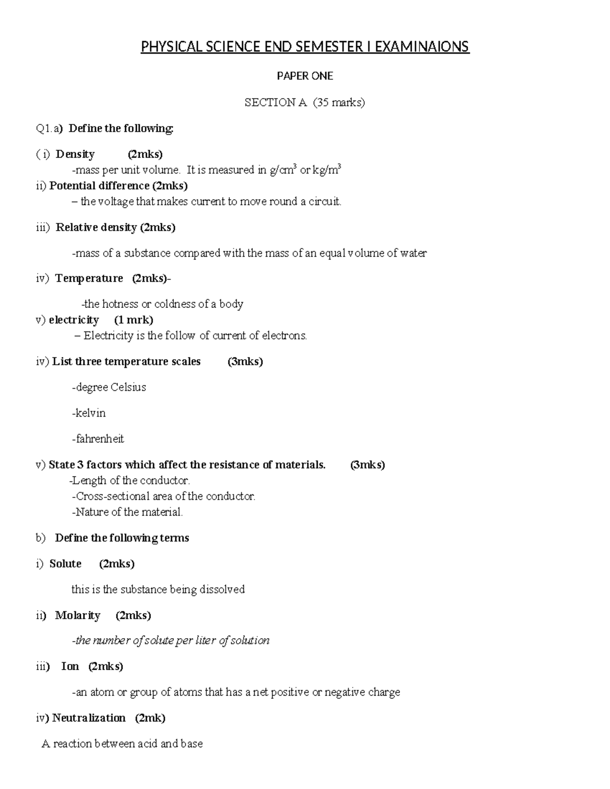 CDM PHYSICAL SCIENCE END SEMESTER I EXAMINATION PAPER 1 - Studocu