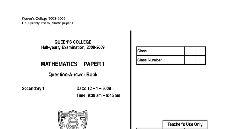 S1 0809 Half-Yearly Exam: Maths Paper I - Studocu