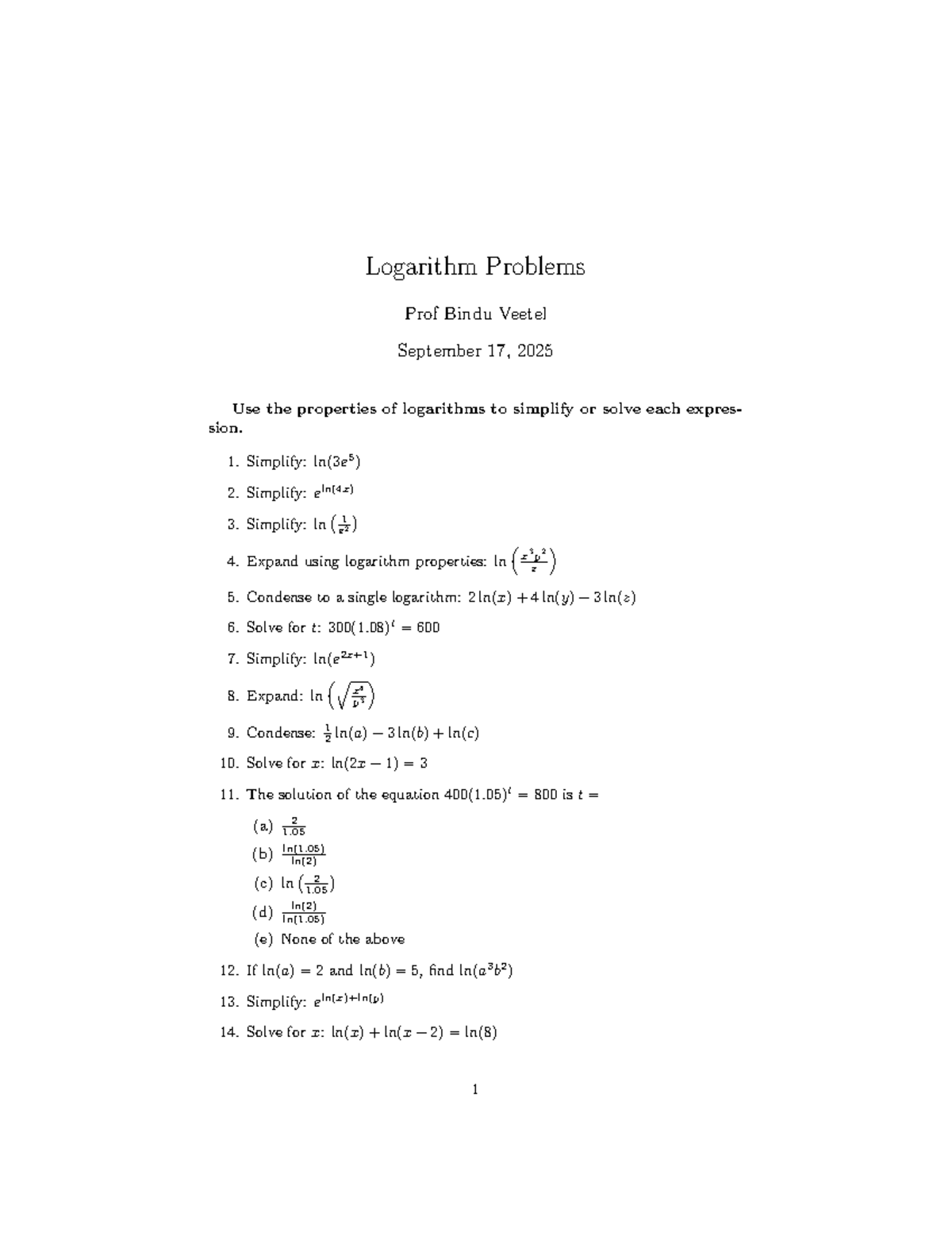 Logarithm Problems and Solutions - Math 101 Worksheet - Studocu