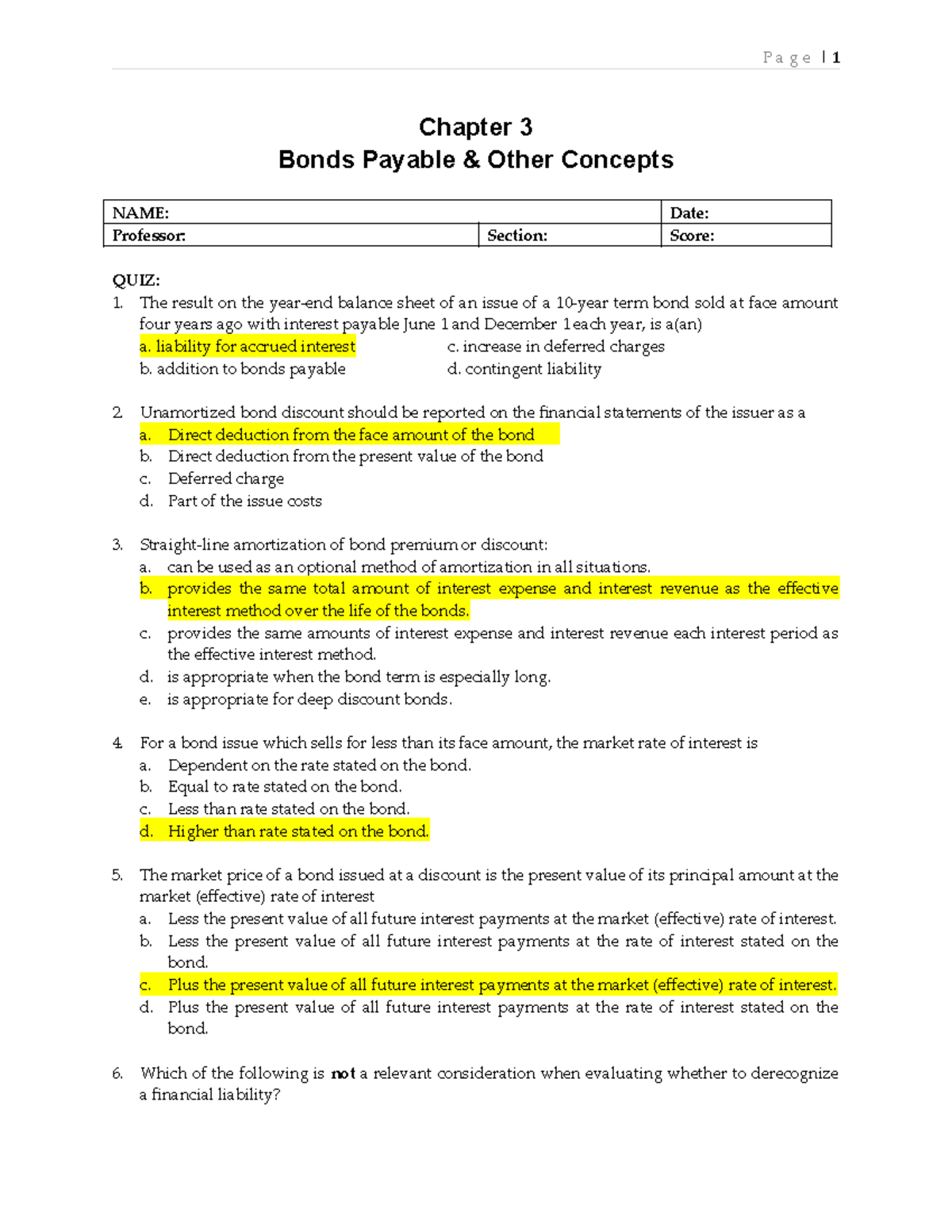 Bonds Payable Quiz: Chapter 3 Concepts and Questions - Studocu