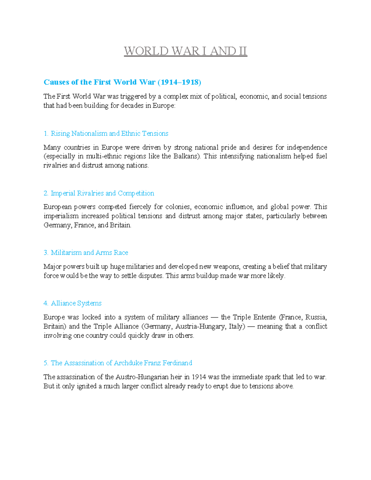 WORLD WAR I & II - Causes and Consequences Study Guide - Studocu
