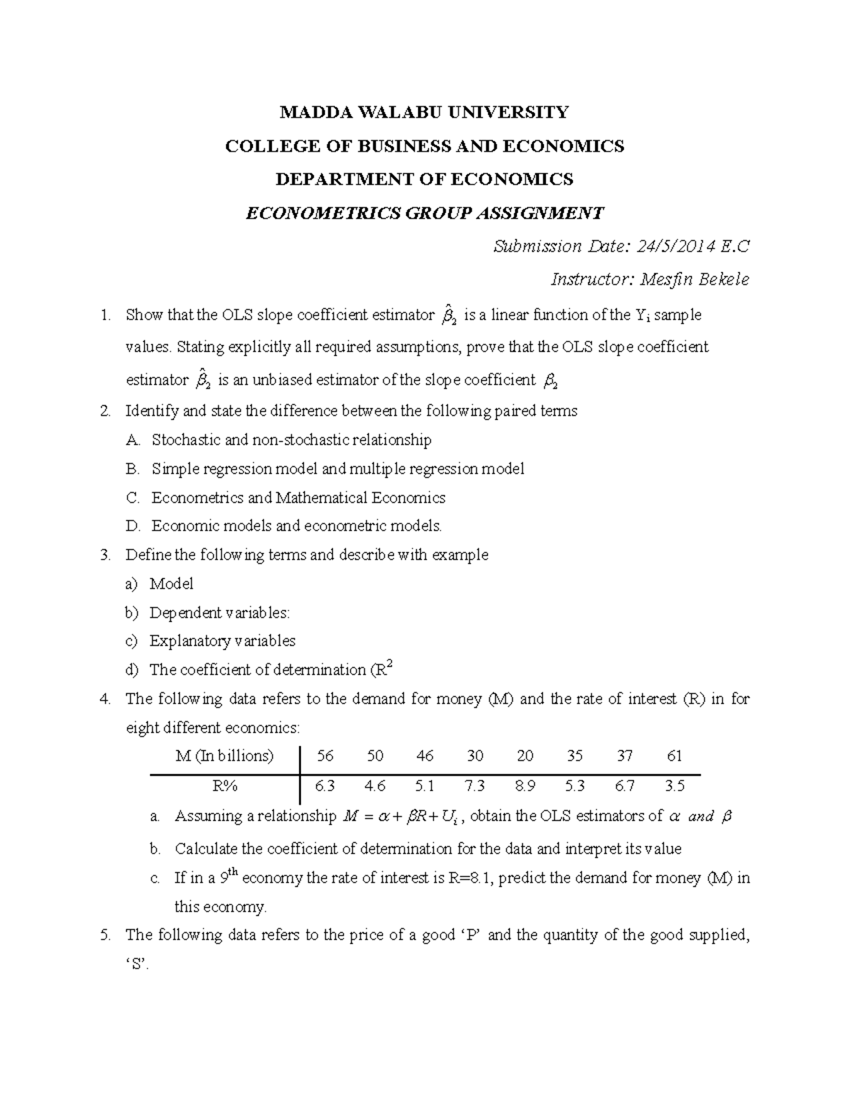 Econometrics Group Assignment - Analysis & OLS Estimation (ECON 101 ...