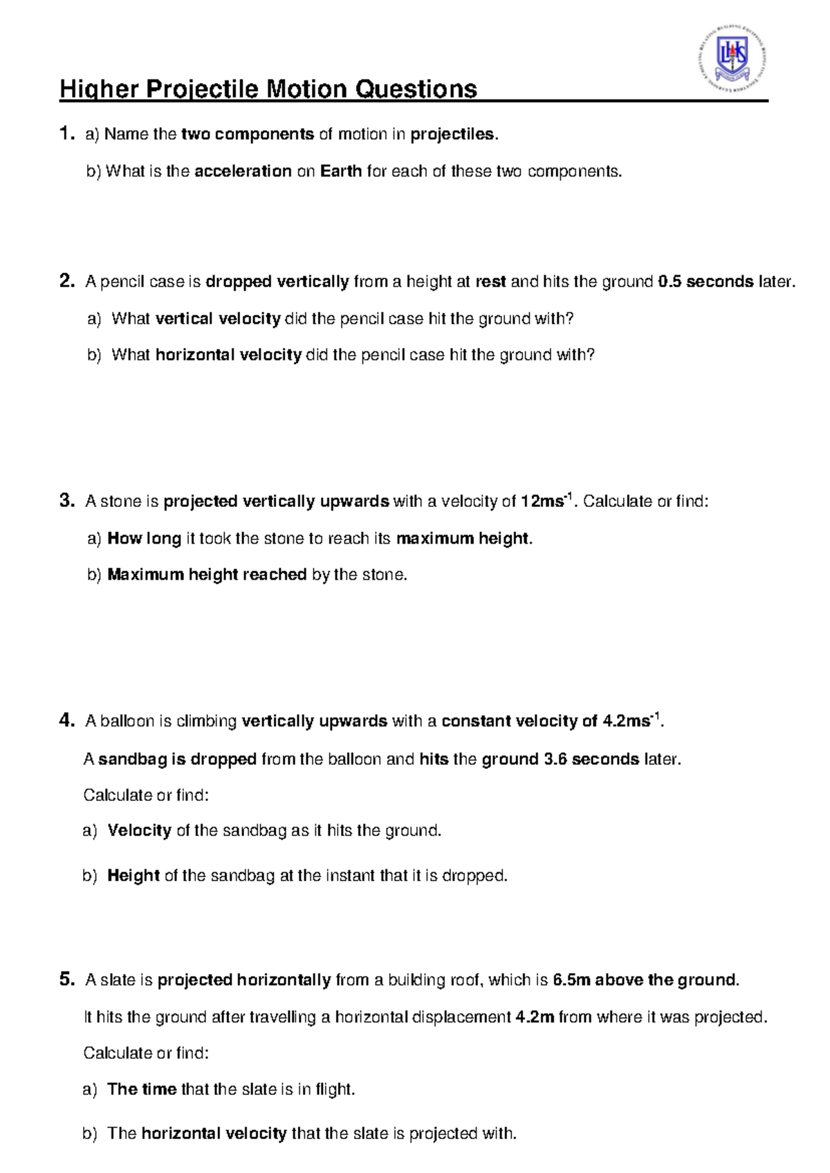 [25382] 17 - Higher Projectile Motion Concepts and Calculations - Studocu