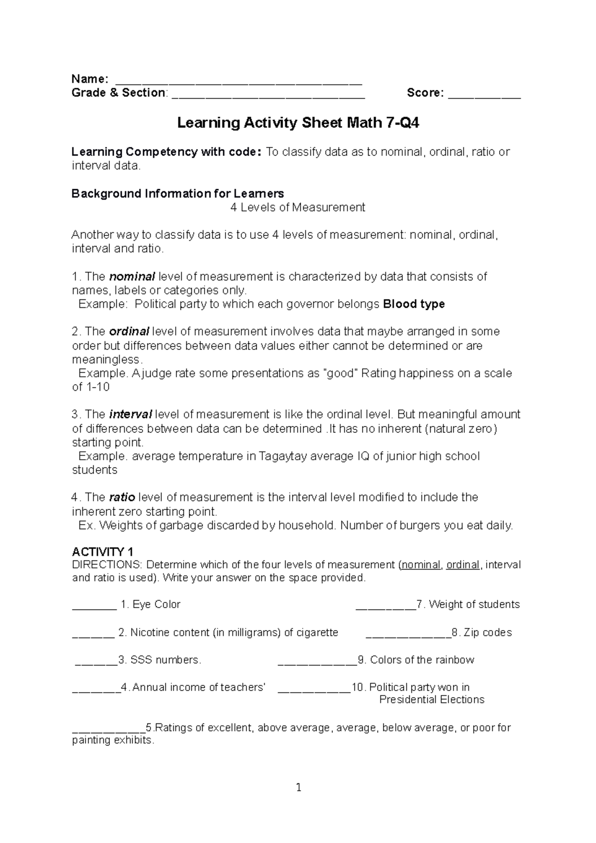 MATH 7 Q4 Activity Sheet: Levels of Measurement Performance Task 1 ...