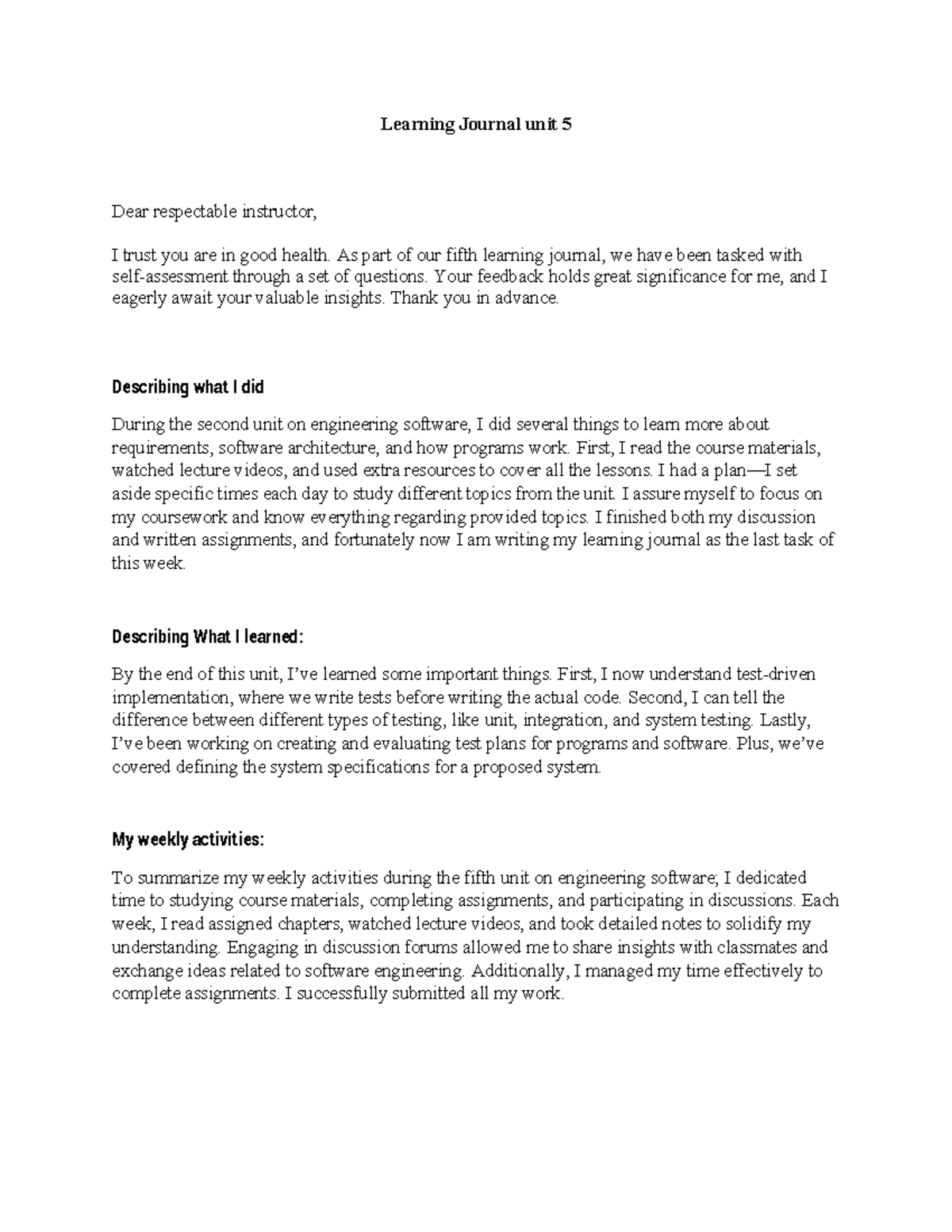 LJ SE unit 5 - This is from UoP - Learning Journal unit 5 Dear ...