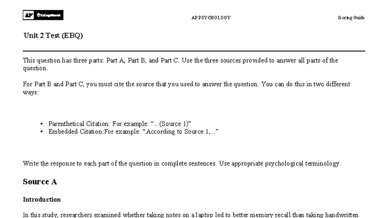 AP PSYCHOLOGY Unit 2 Test (EBQ) Scoring Guide and Analysis - Studocu
