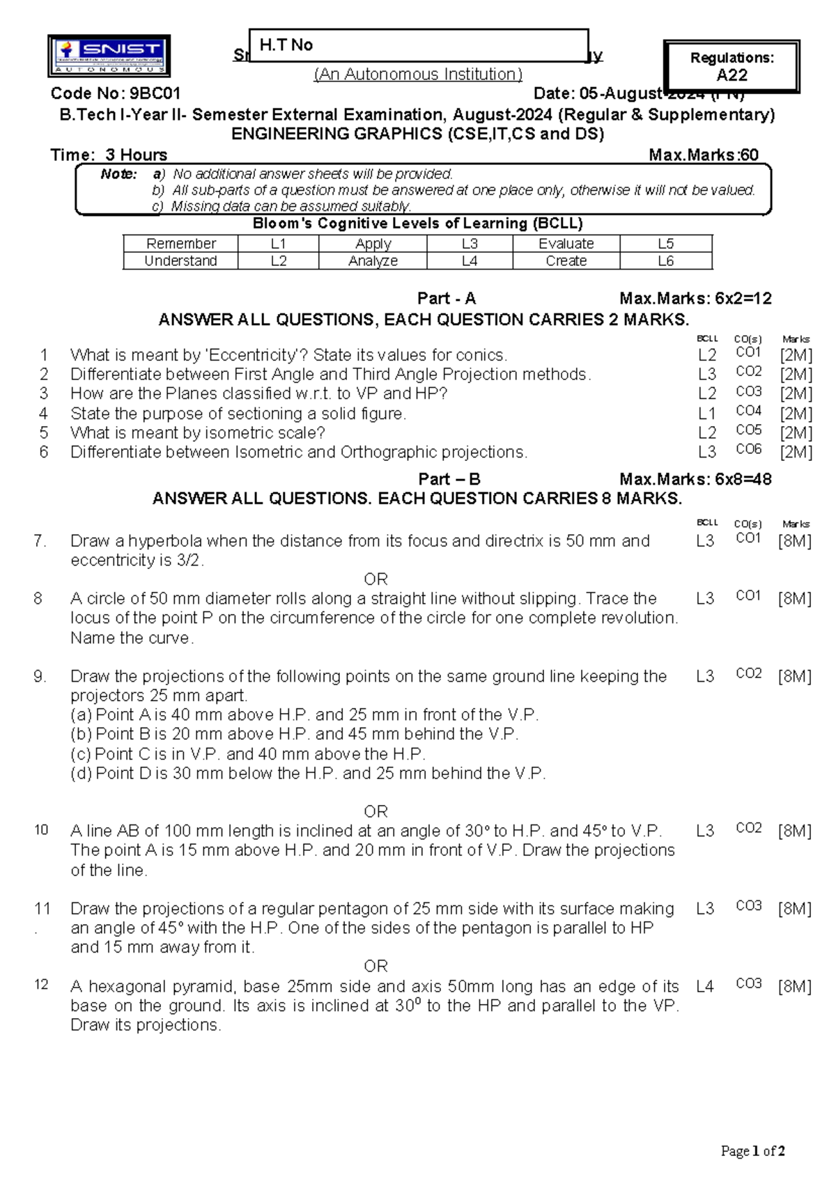 A22 Engineering Graphics Exam (CSE, IT, CS, AIML, DS, IOT) - 2024 - Studocu