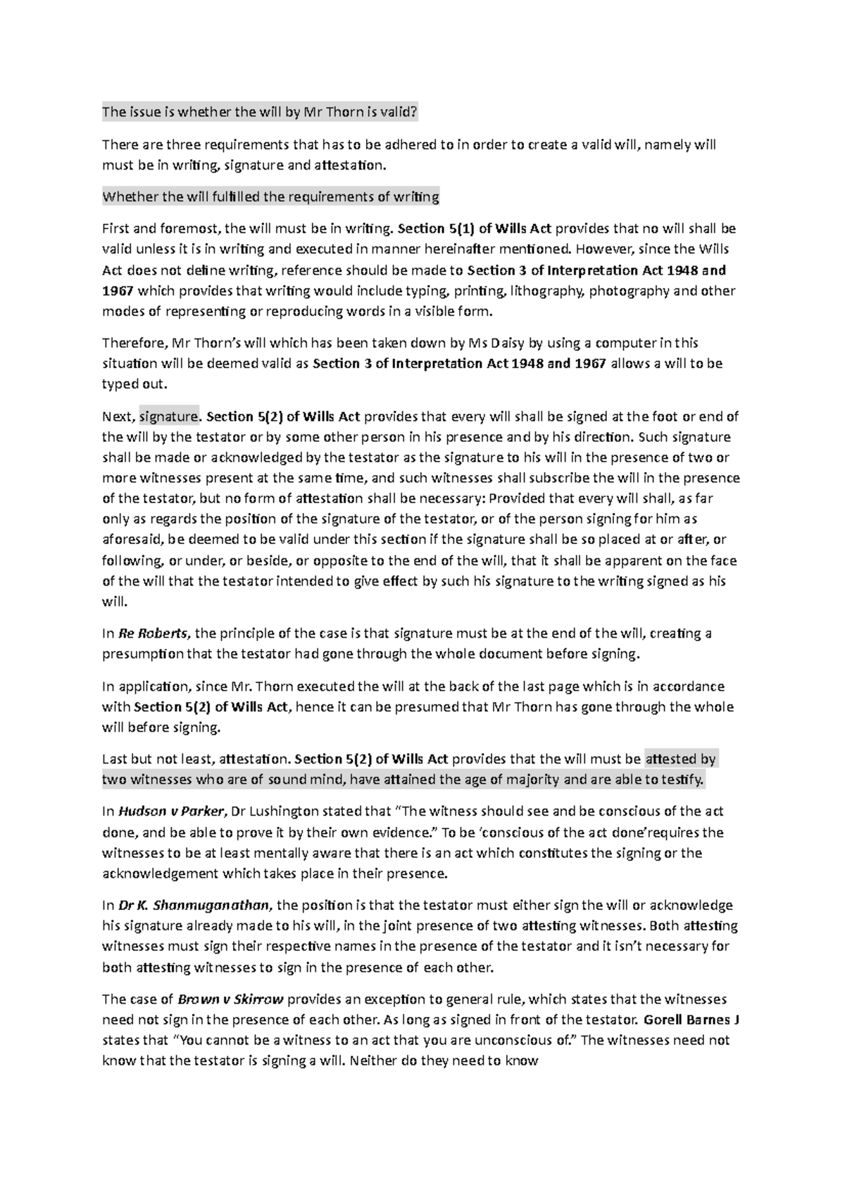 Tutorial 4- draft answers - The issue is whether the will by Mr Thorn ...