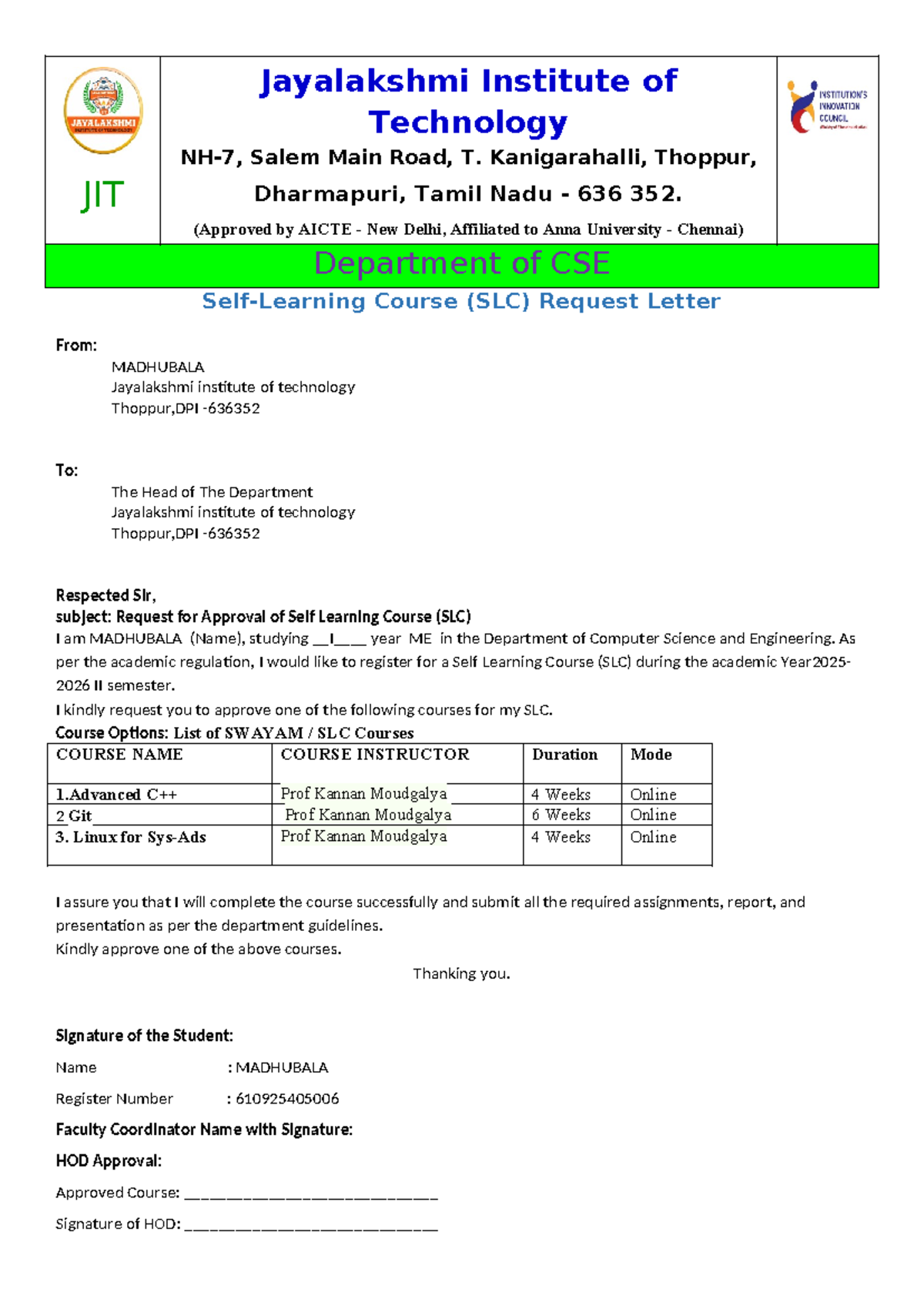 Request for Approval of SLC - CSE Department (2025-2026) - Studocu