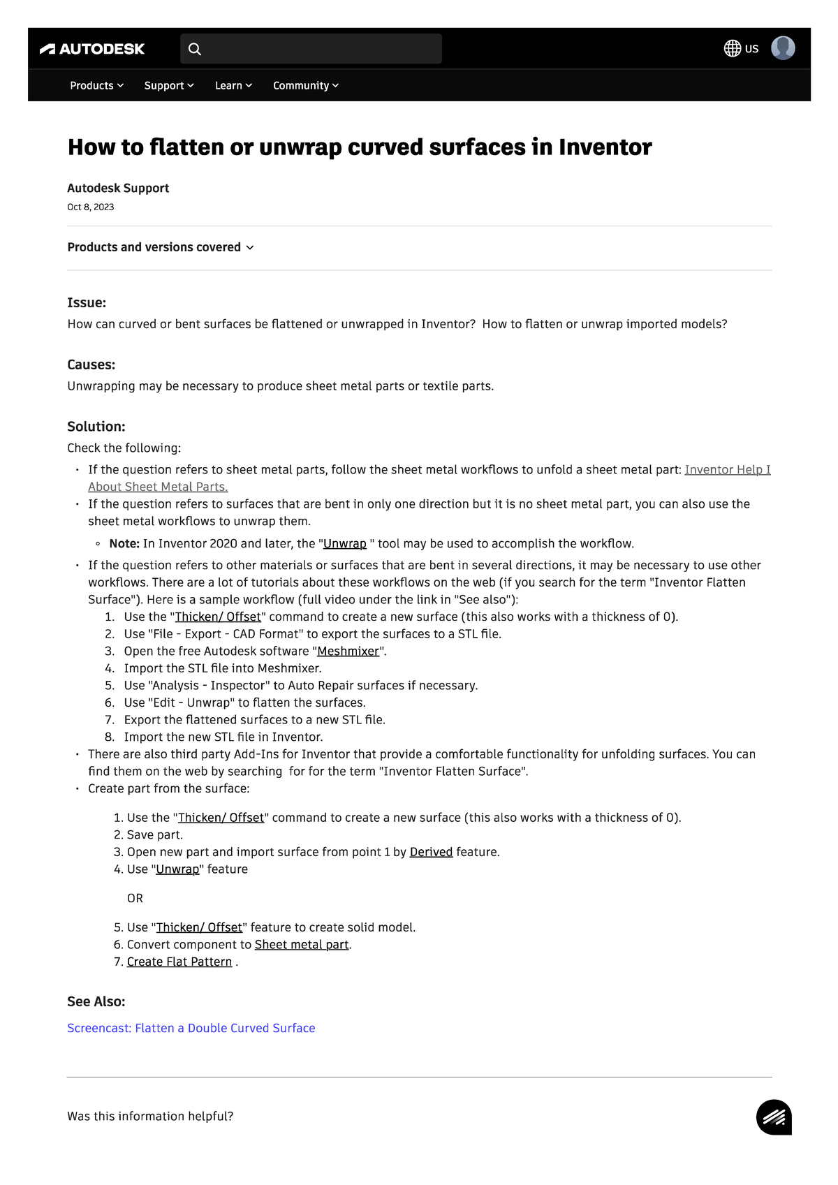 Unwrap Surfaces in Inventor - AUTODESK US Products Support Learn ...