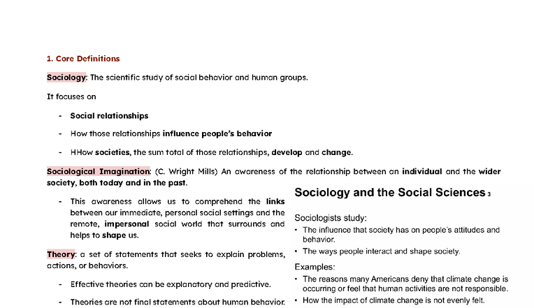 Sociology 101: Core Definitions and Foundational Theories - Midterm ...