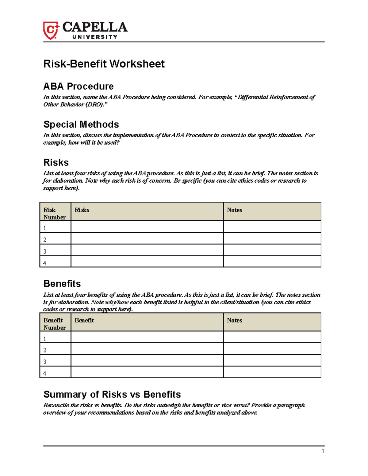 Risk-Benefit Analysis Worksheet for ABA Procedures: Insights ...