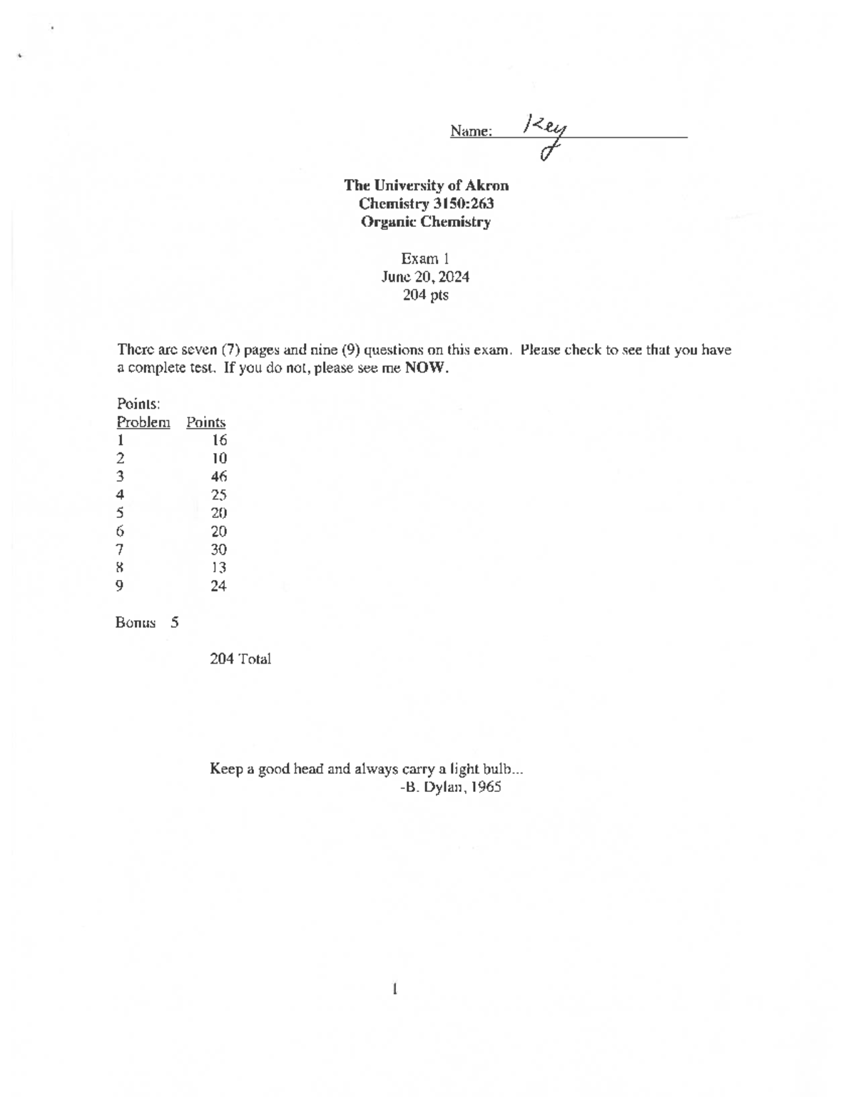 Exam 1 Key for Chemistry 3150:263 - Organic Chemistry Summer 2024 - Studocu