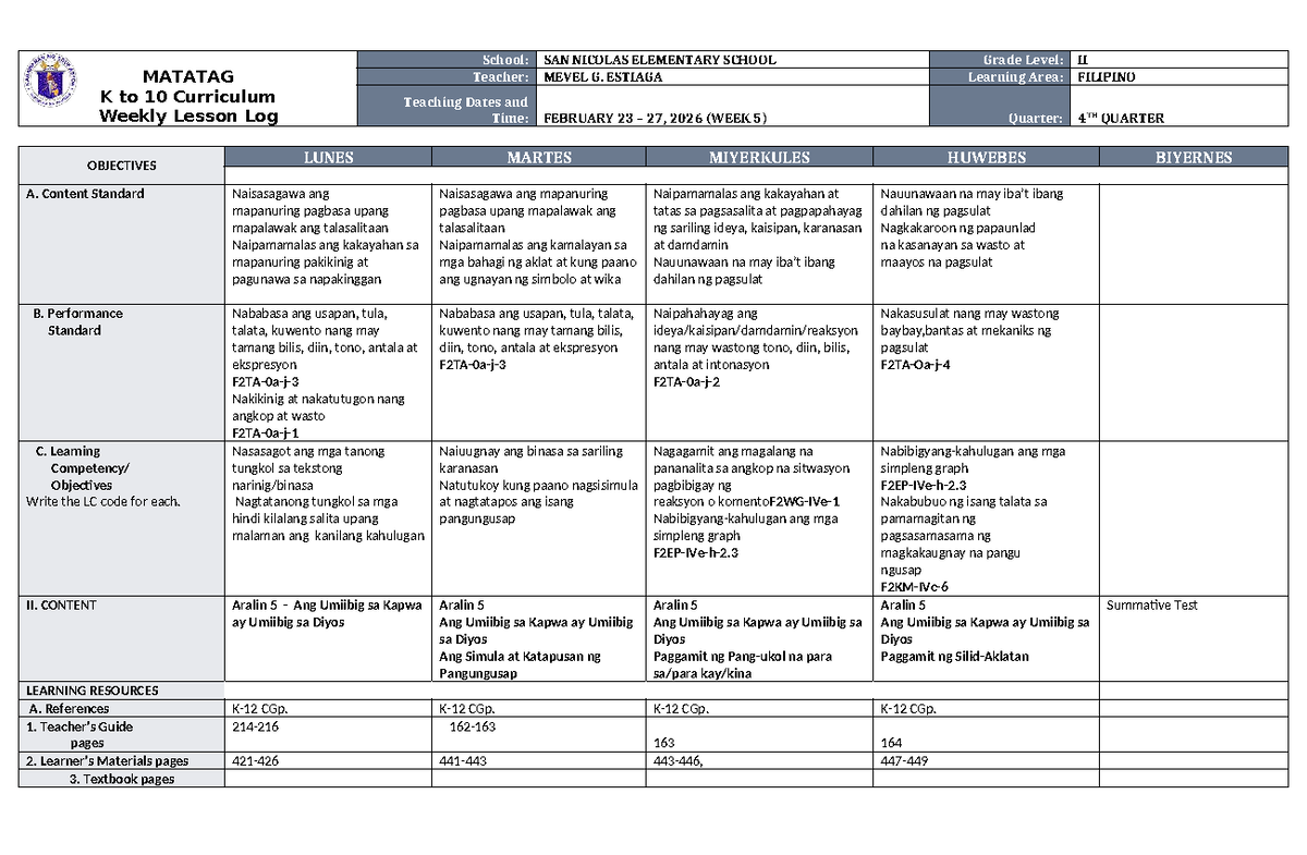 DLL Filipino 2 Q4 W5 - Weekly Lesson Log for February 23-27, 2026 - Studocu