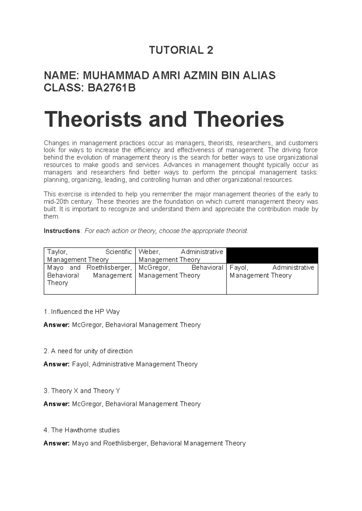 BA2761B Tutorial 2: Key Theorists & Theories in Management - Studocu