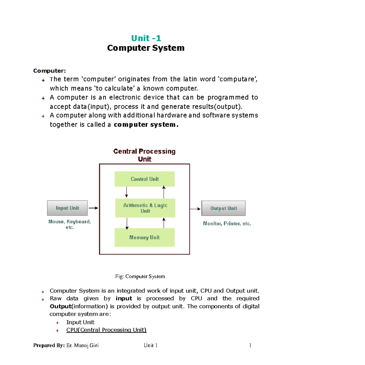 Unit 1: Overview of Computer Systems and Classifications - Studocu