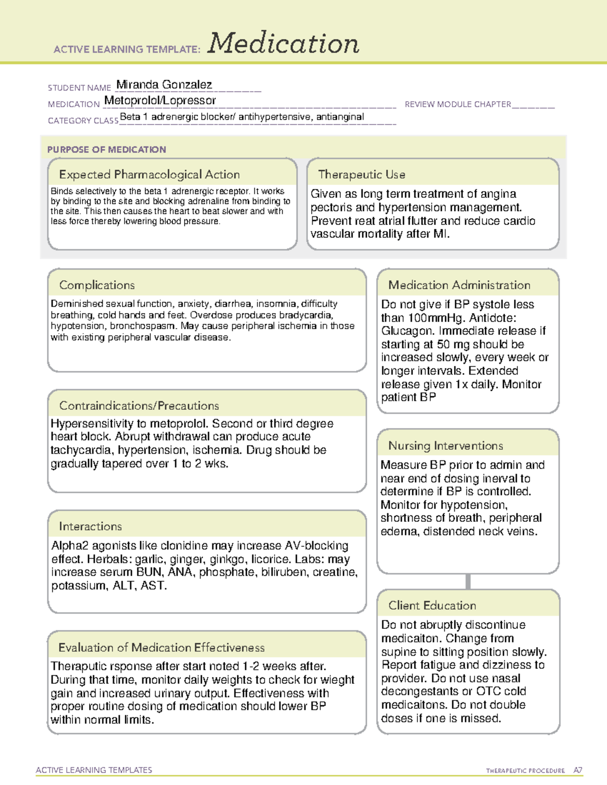 Metoprolol (Lopressor) Drug Card - Critical Info & Nursing Guide - Studocu