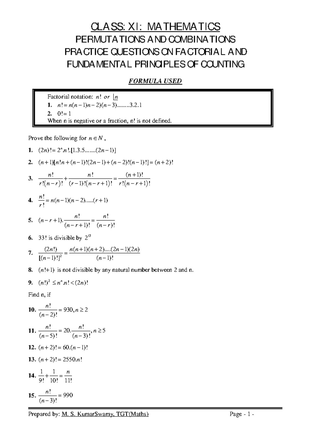 CLASS XI: MATHEMATICS PERMUTATIONS & COMBINATIONS PRACTICE QUESTIONS ...