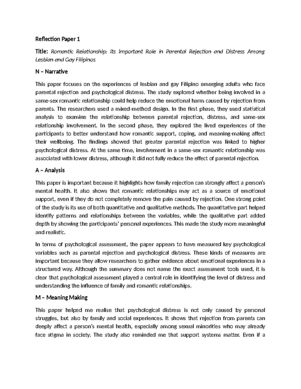 Reflection Paper 1: The Role of Romantic Relationships in Parental ...