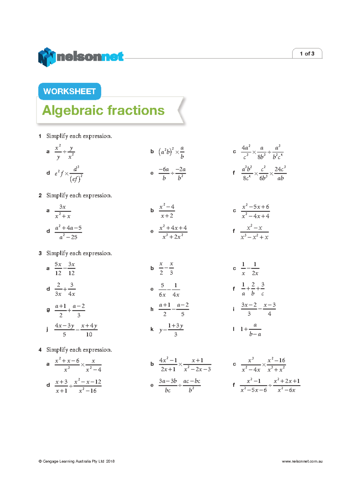 Algebraic Fractions Worksheet - MATH11WK18704 - Studocu