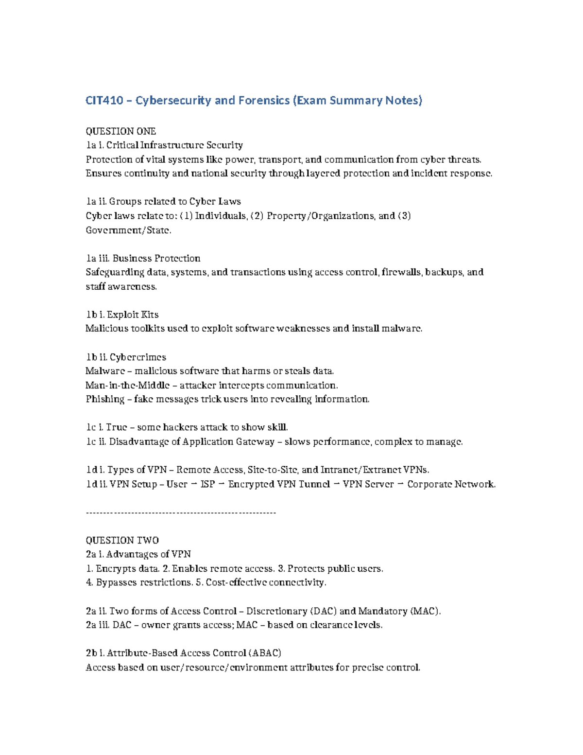 CIT410 Cybersecurity & Forensics (Final Exam Summary Notes) - Studocu