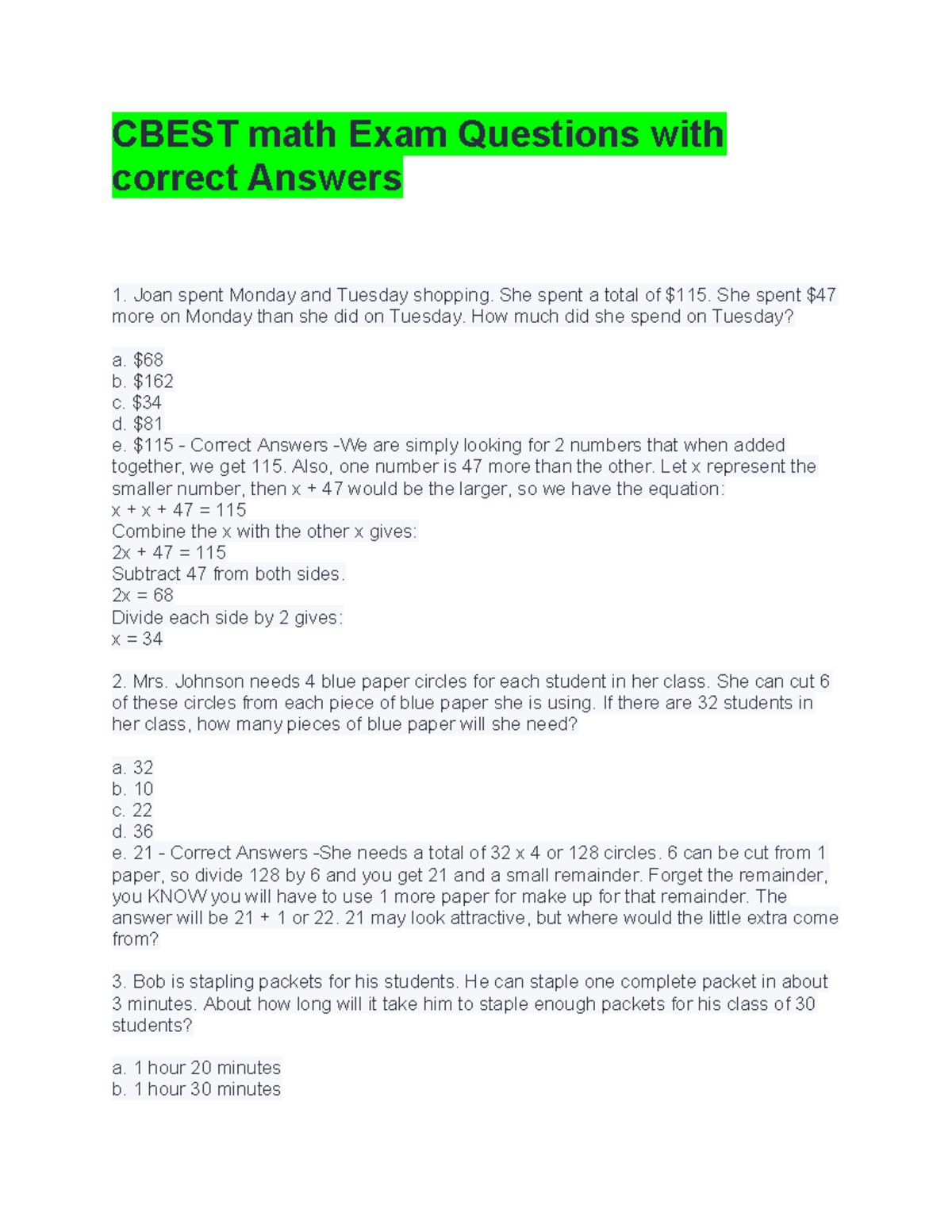 CBEST Math Exam Questions & Answers - Study Guide 16 - Studocu